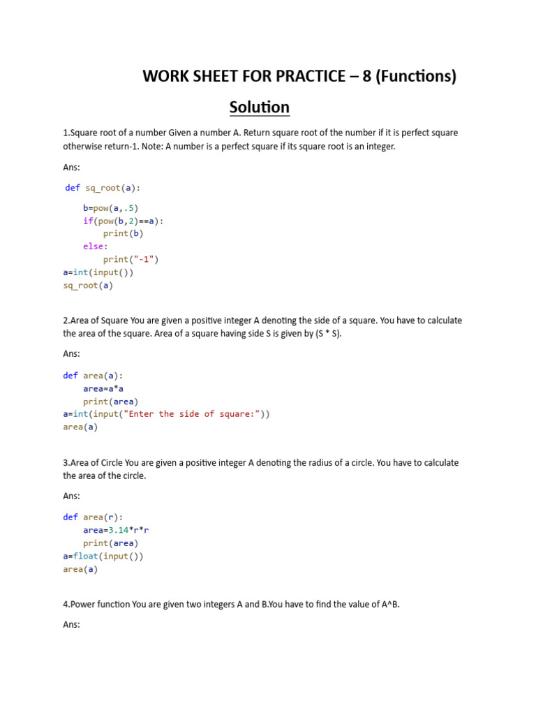 WORK SHEET 8 Solutions Functions | PDF | Square Root | Area