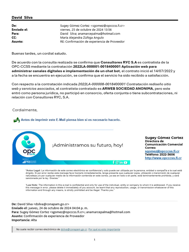 Respuesta de La Operadora de Pensiones Consultores RYC S.A Es - Memorando | PDF