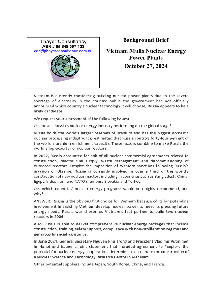 Thayer Vietnam Mulls Nuclear Energy Power Plants | PDF | Nuclear Power ... Thayer Vietnam Mulls Nuclear Energy Power Plants | PDF | Nuclear Power ...
