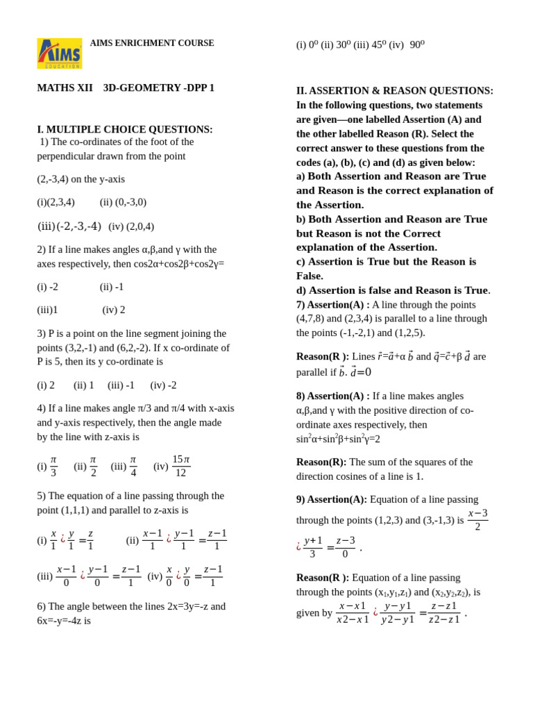 Xii Dpp 3d Geometry 01 Pdf Cartesian Coordinate System Angle
