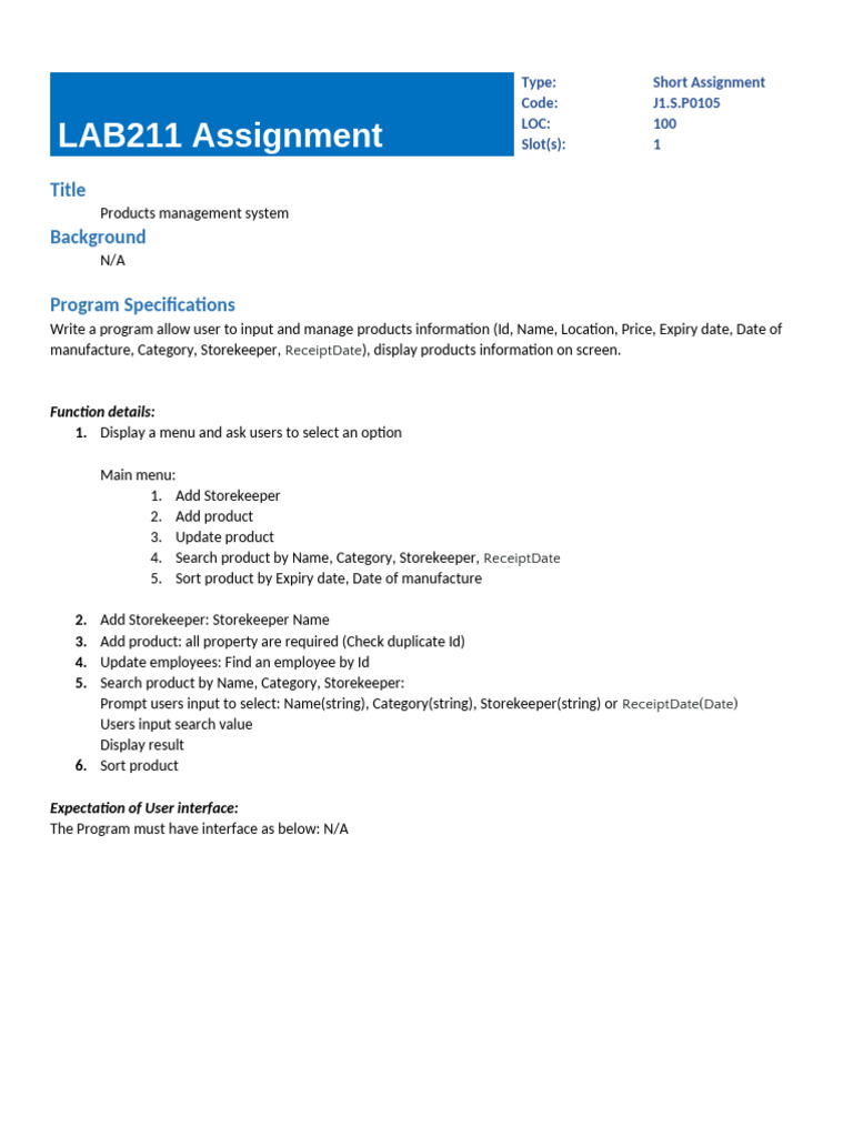 LAB211 Assignment: Title Background Program Specifications | PDF