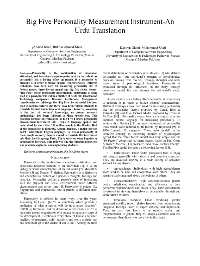 Urdu Translation of Big Five Personality Test | PDF | Psychology ...