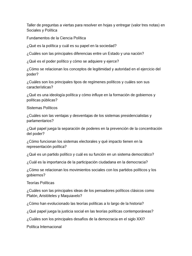 Taller de Preguntas a Viertas Para Resolver en Hojas y Entregar | PDF | Democracia | Ideologías ...