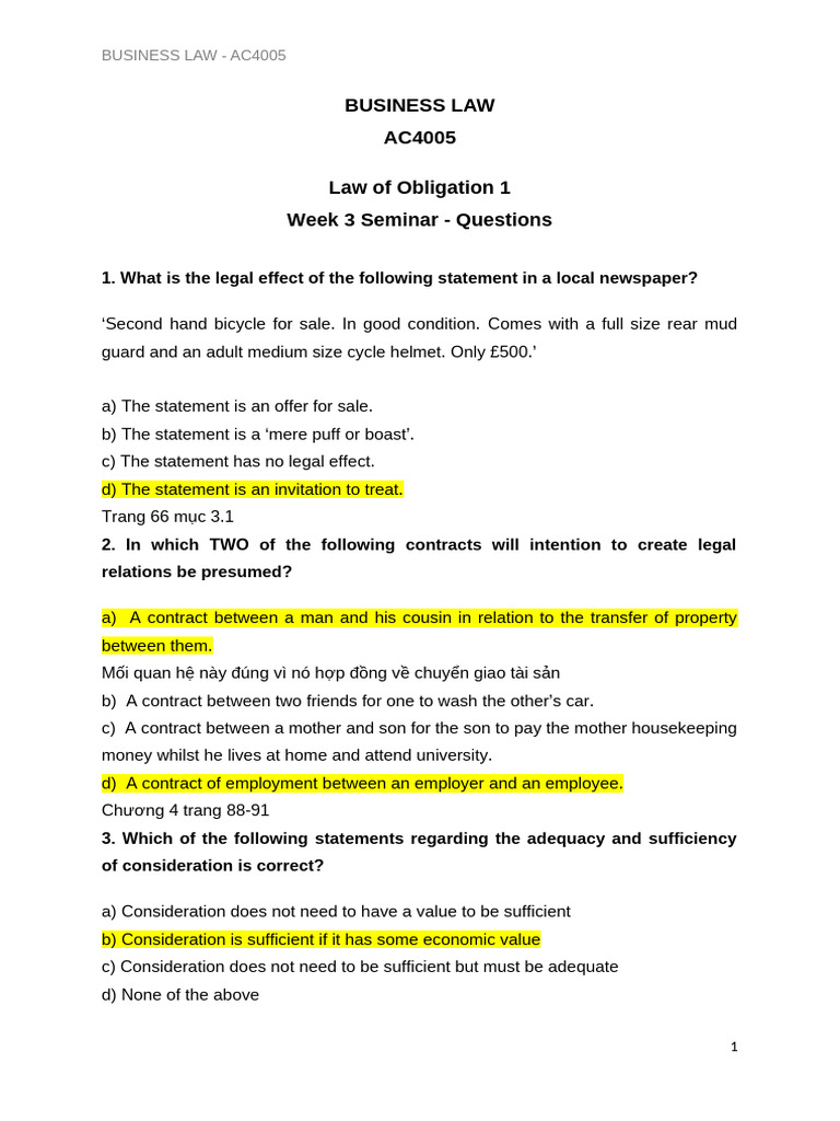Week 3 Seminar Questions 2023 | PDF | Consideration | Damages