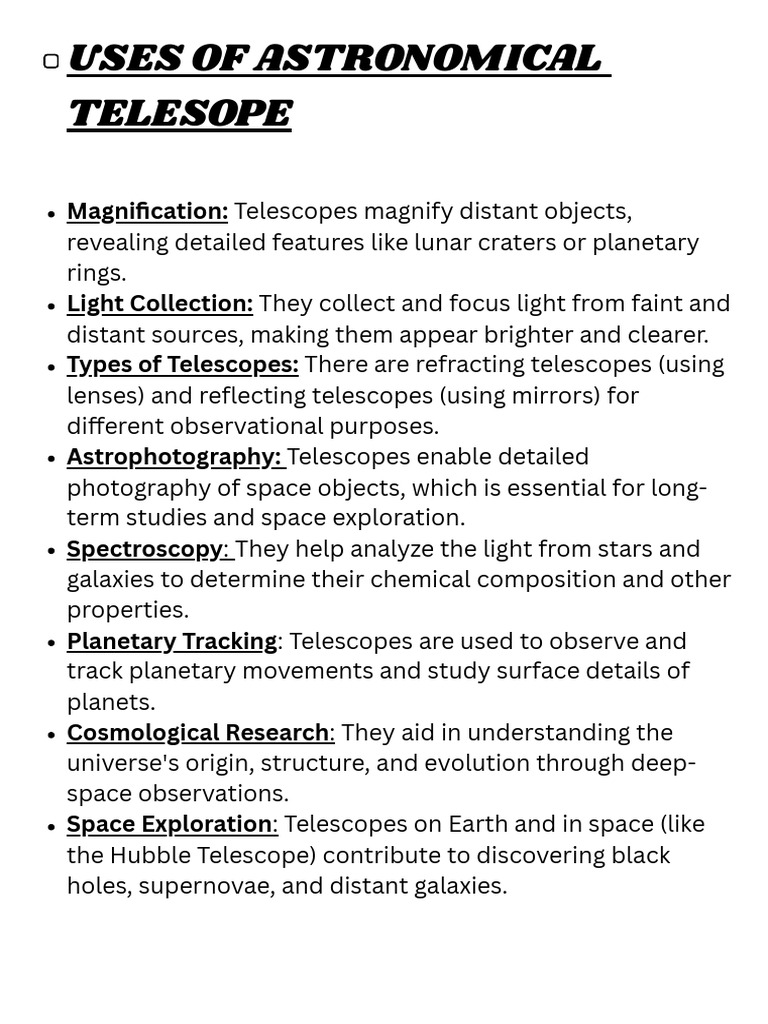 Uses of Astronomical Telesope: Magnification | PDF | Telescope | Astronomy
