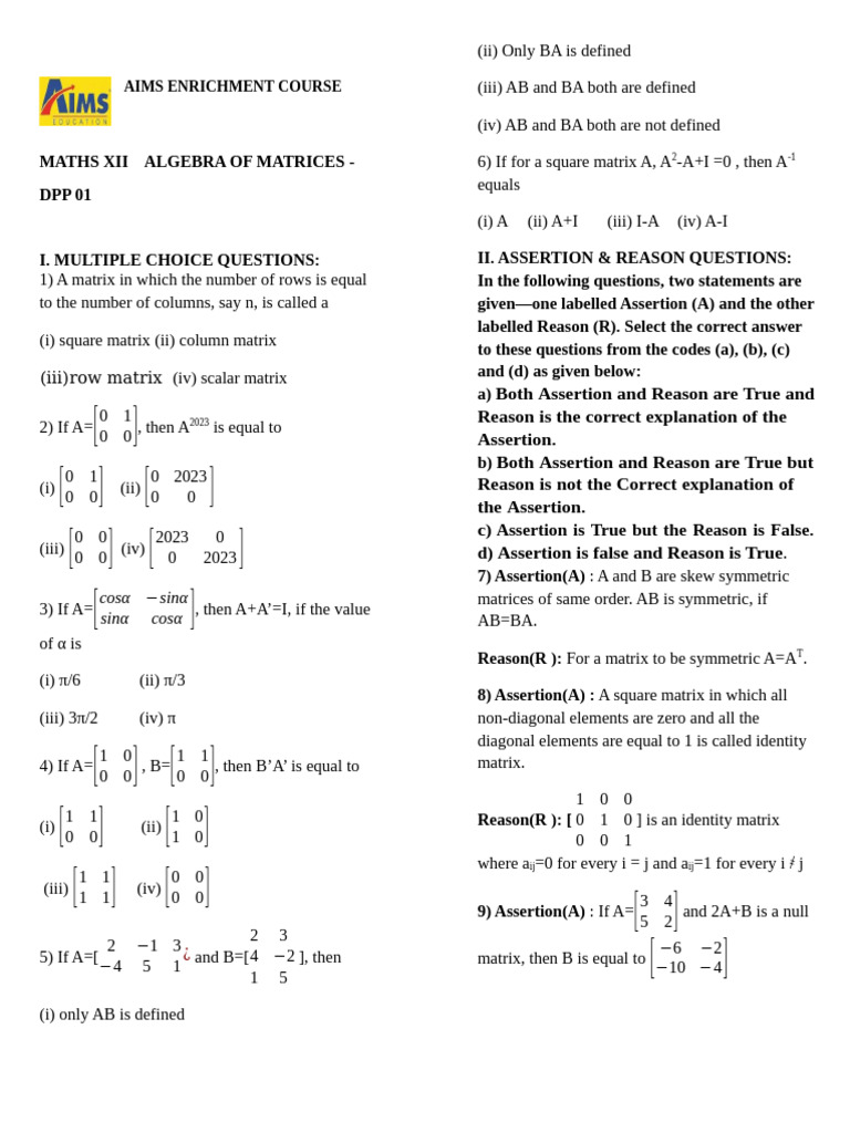 Xii-Dpp-Algebra of Matrices-01 | PDF | Matrix (Mathematics) | Matrix Theory