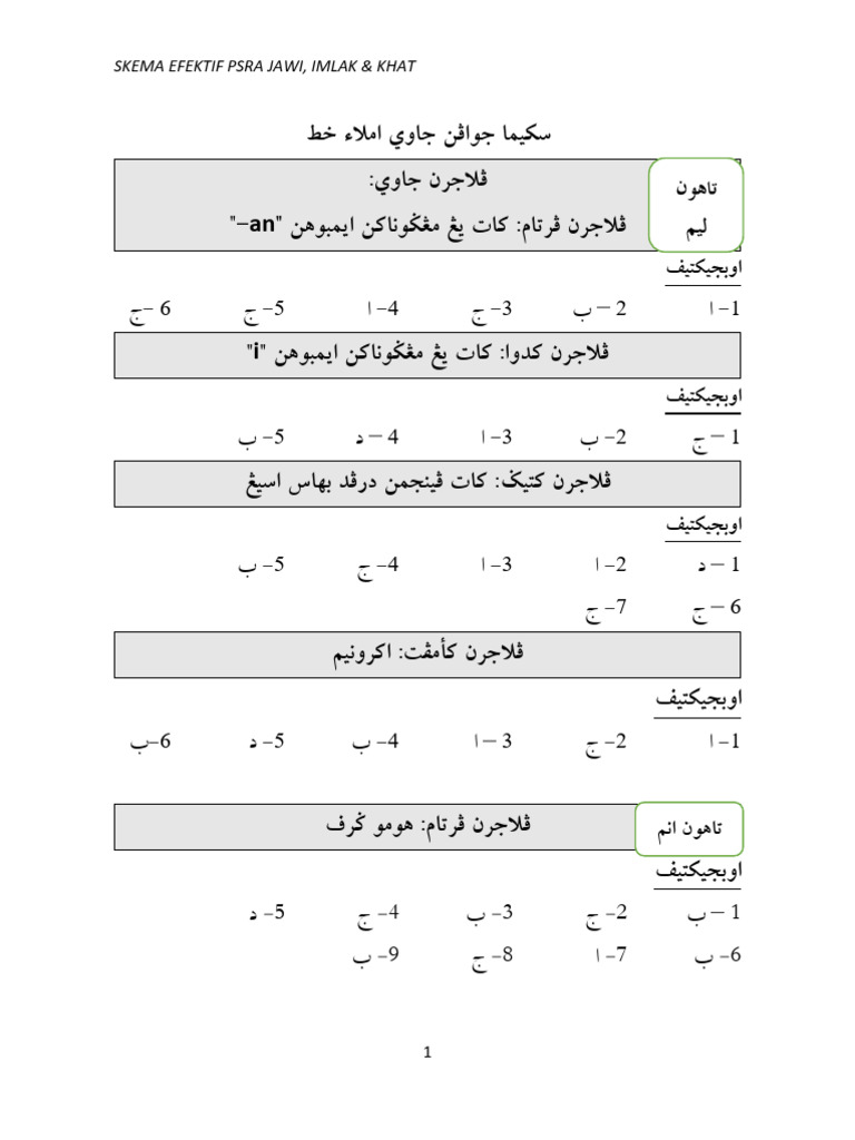 Skema Jawapan Efektif - Jawi, Imlak & Khat | PDF