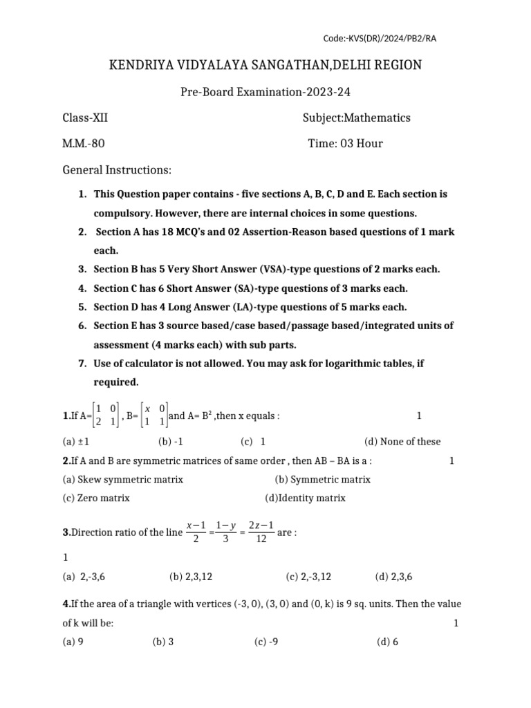 QP MATHEMATICS PB2 XII Set3 | PDF | Matrix (Mathematics) | Function (Mathematics)
