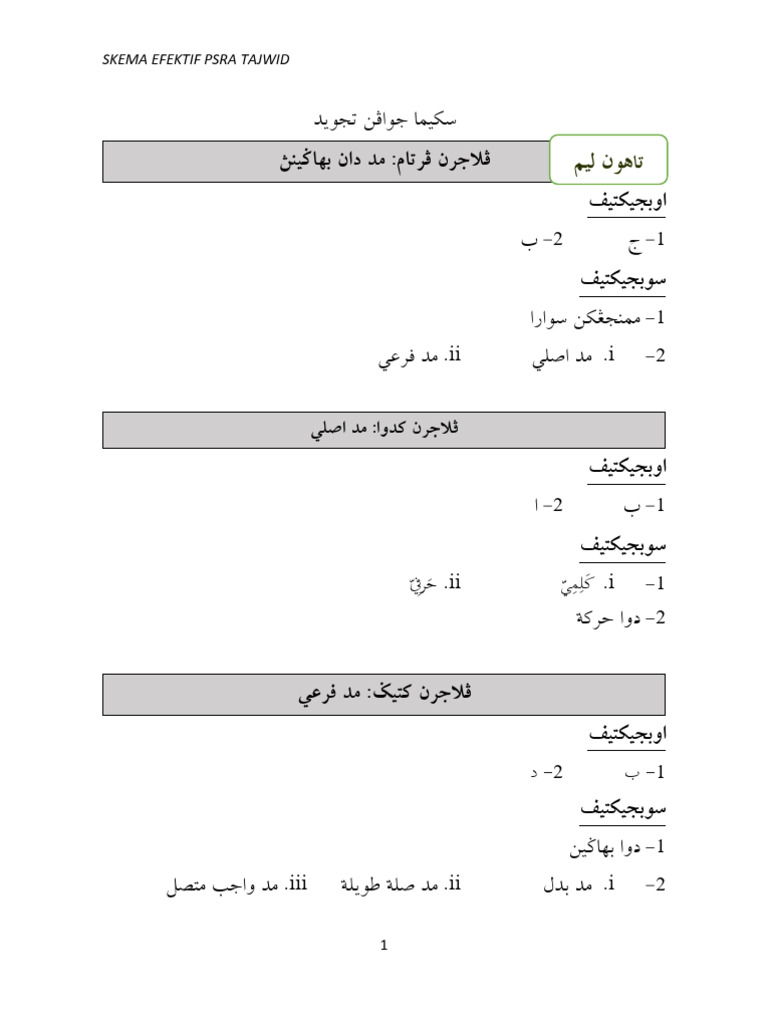 Skema Jawapan Efektif - Tajwid-1 | PDF