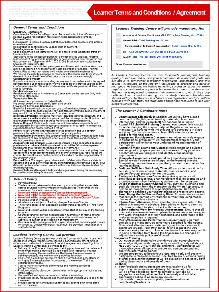 Learner Terms and Conditions Agreement - 2024 | PDF