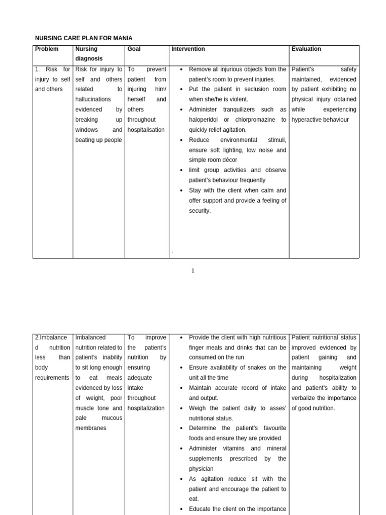 NURSING CARE PLAN FOR MANIA - New1 | PDF | Sleep | Hallucination