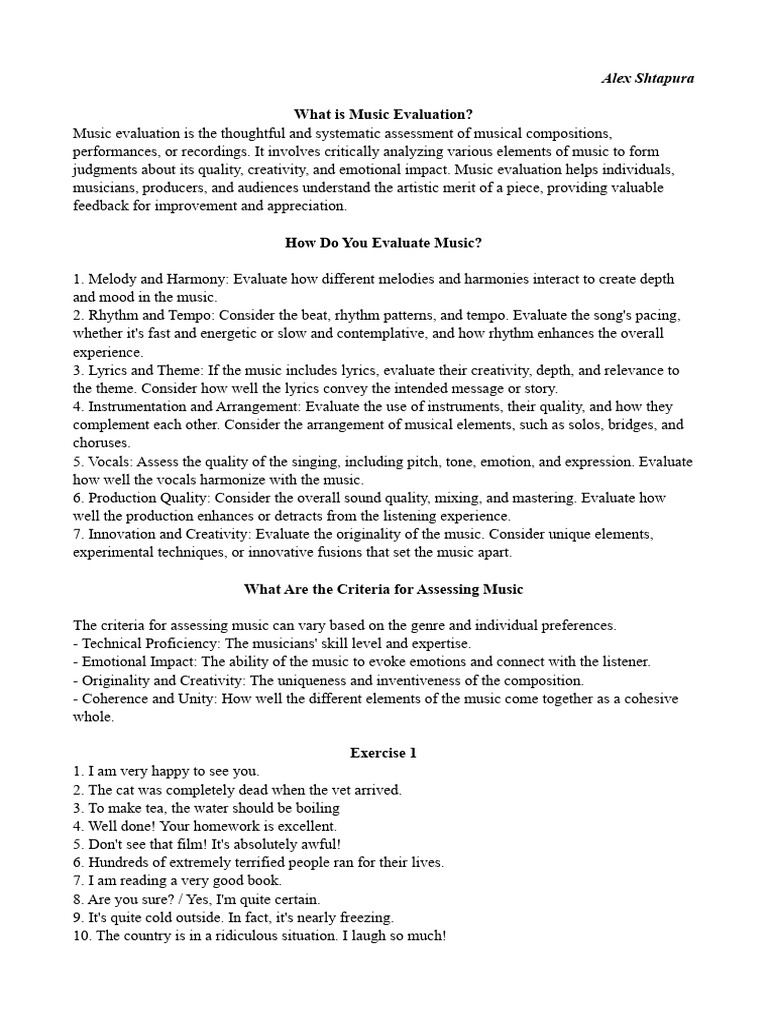 Music Evaluation: Key Assessment Criteria | PDF | Singing | Performing Arts