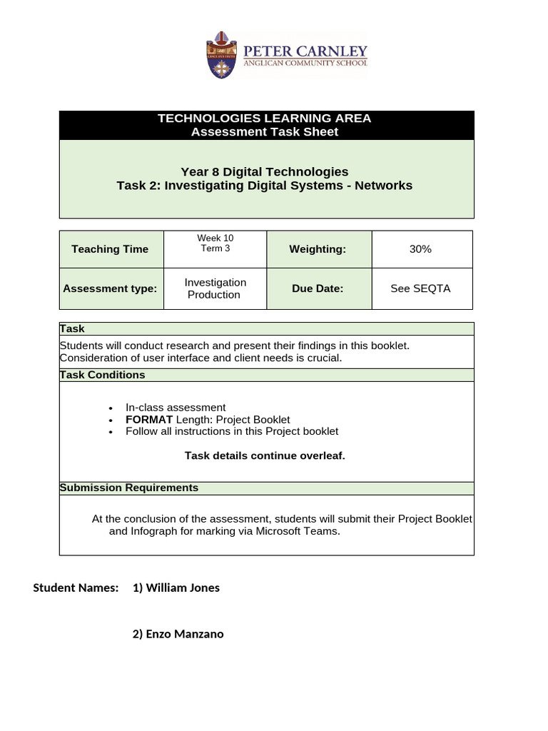 2024 Digital Technologies Year 8 Task 2 Networking Infograph | PDF ...