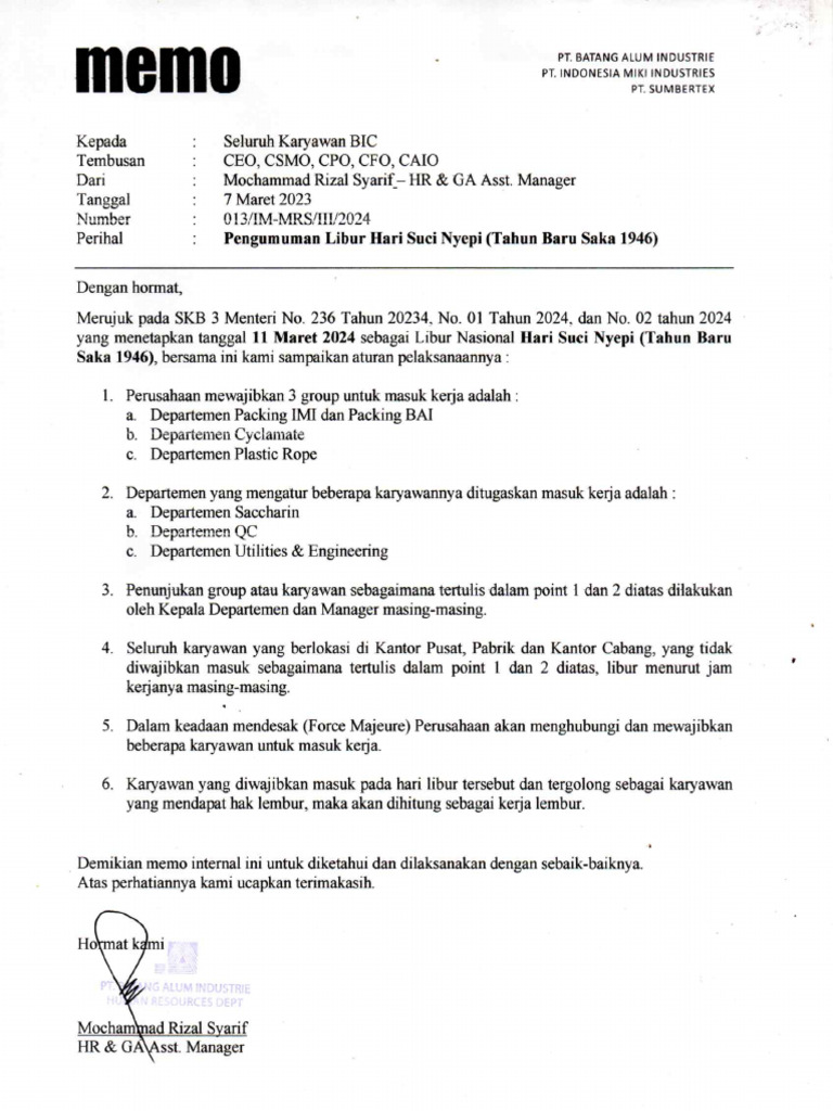 Memo Internal Libur Hari Suci Nyepi | PDF