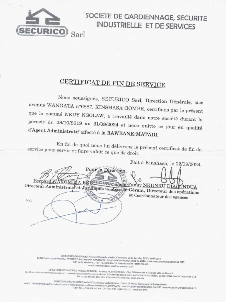 Certificat de Fin de Service | PDF