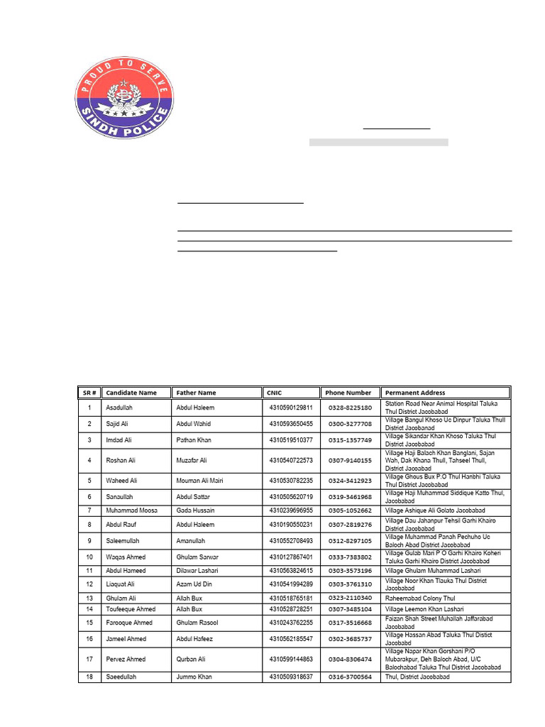 Letter For Character Verification of Candidates) District Jacobabad) | PDF