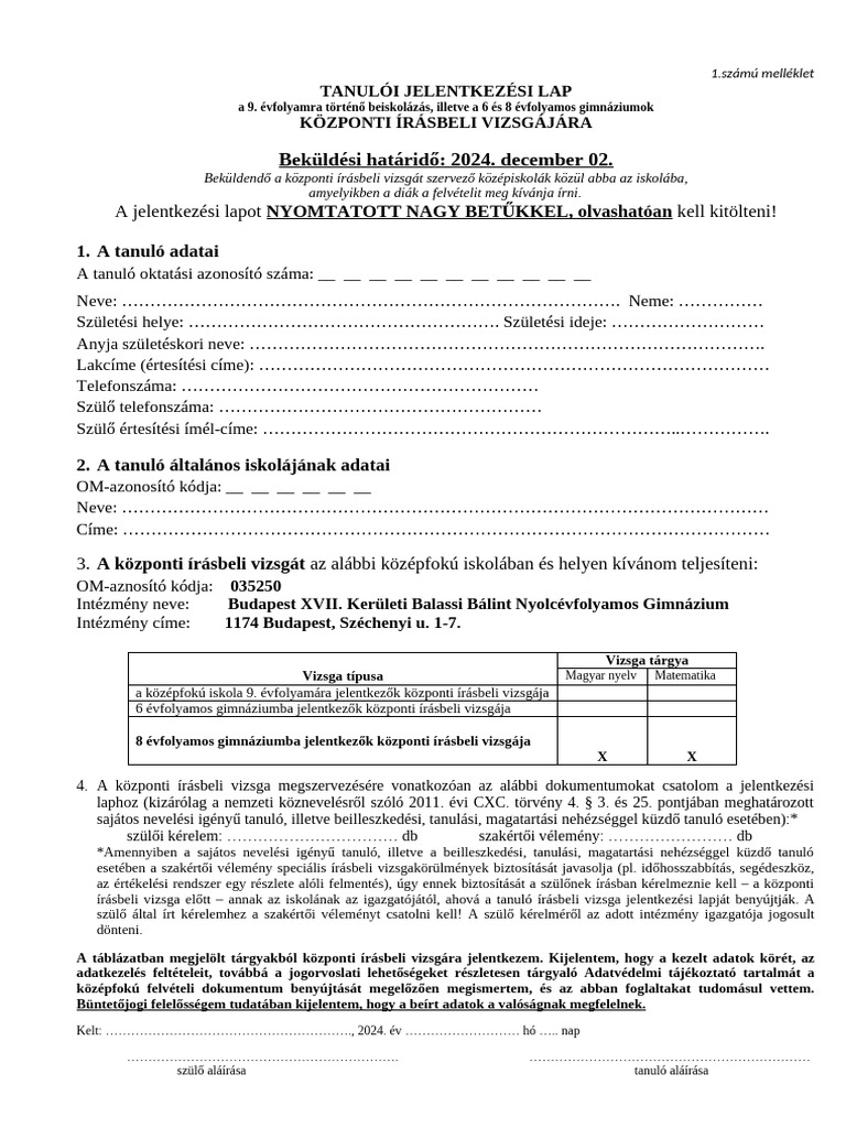 Jelentkezési Lap - KP - Írásbelire | PDF