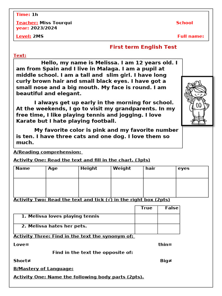 First Term English Test | PDF | Linguistics