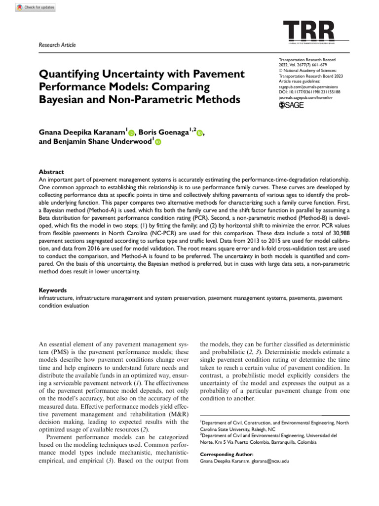 Karanam Et Al 2023 Quantifying Uncertainty With Pavement Performance Models Comparing Bayesian ...