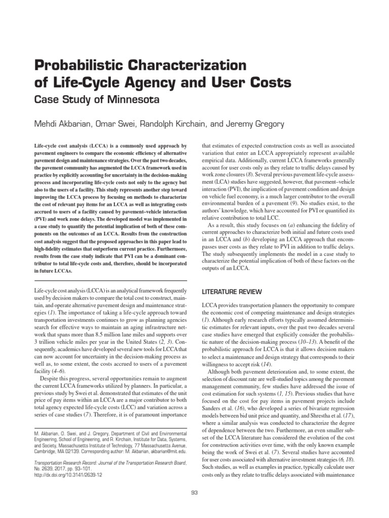 Akbarian Et Al. - Probabilistic Characterization of Life-Cycle Agency and User Costs Case Study ...