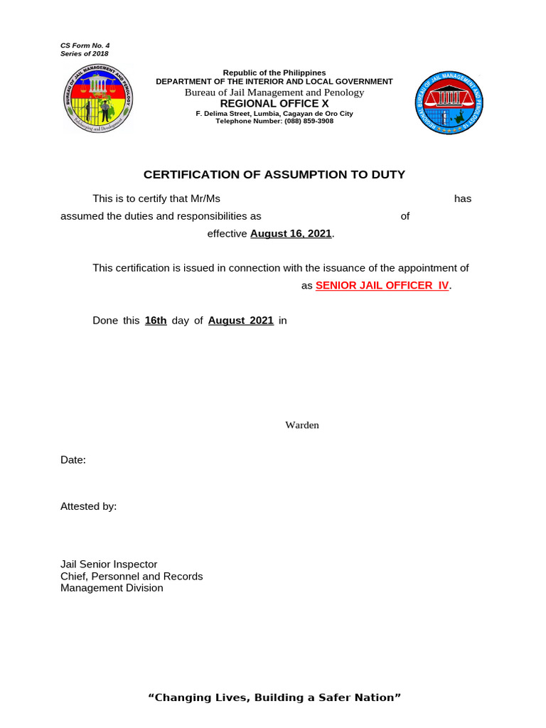 CS Form No 4 Assumption To Duty 2021 | PDF