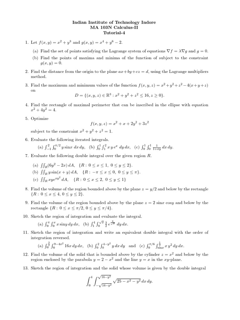 Indian Institute of Technology Indore MA 103N Calculus-II Tutorial-4 | PDF | Mathematics ...