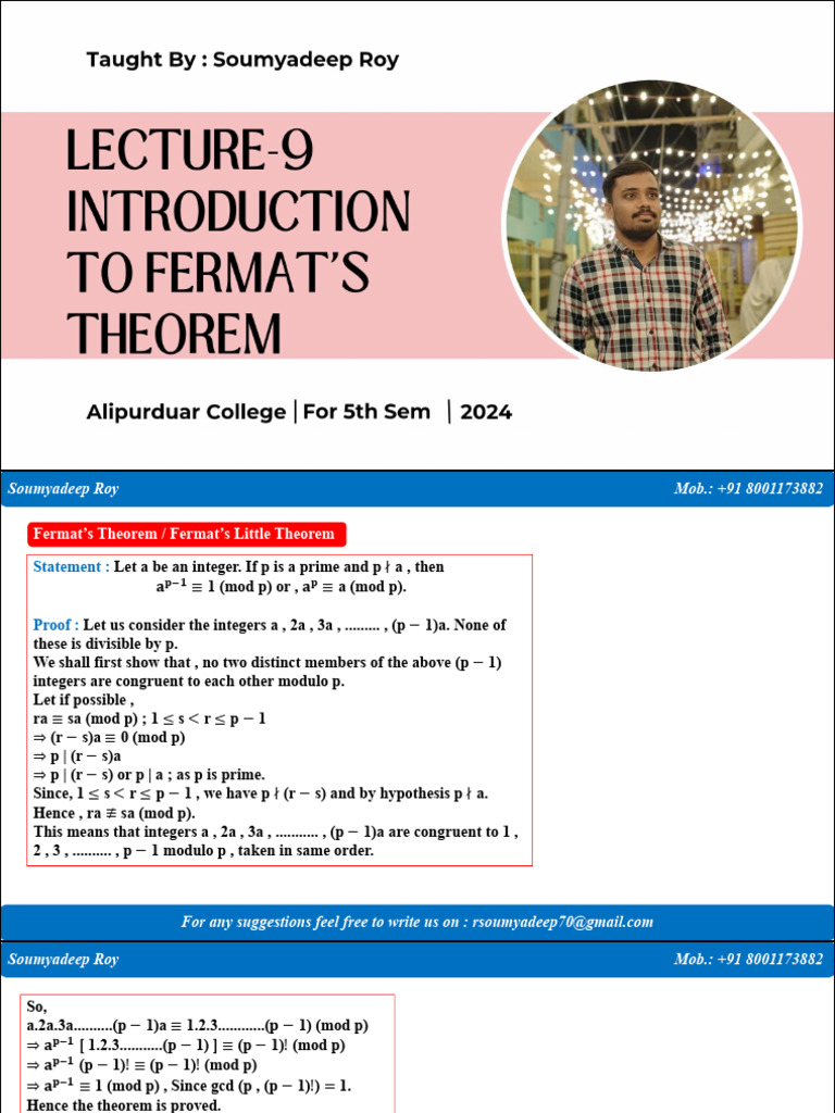 Lecture-9 Introduction to Fermat's Theorem | PDF | Prime Number | Elementary Mathematics
