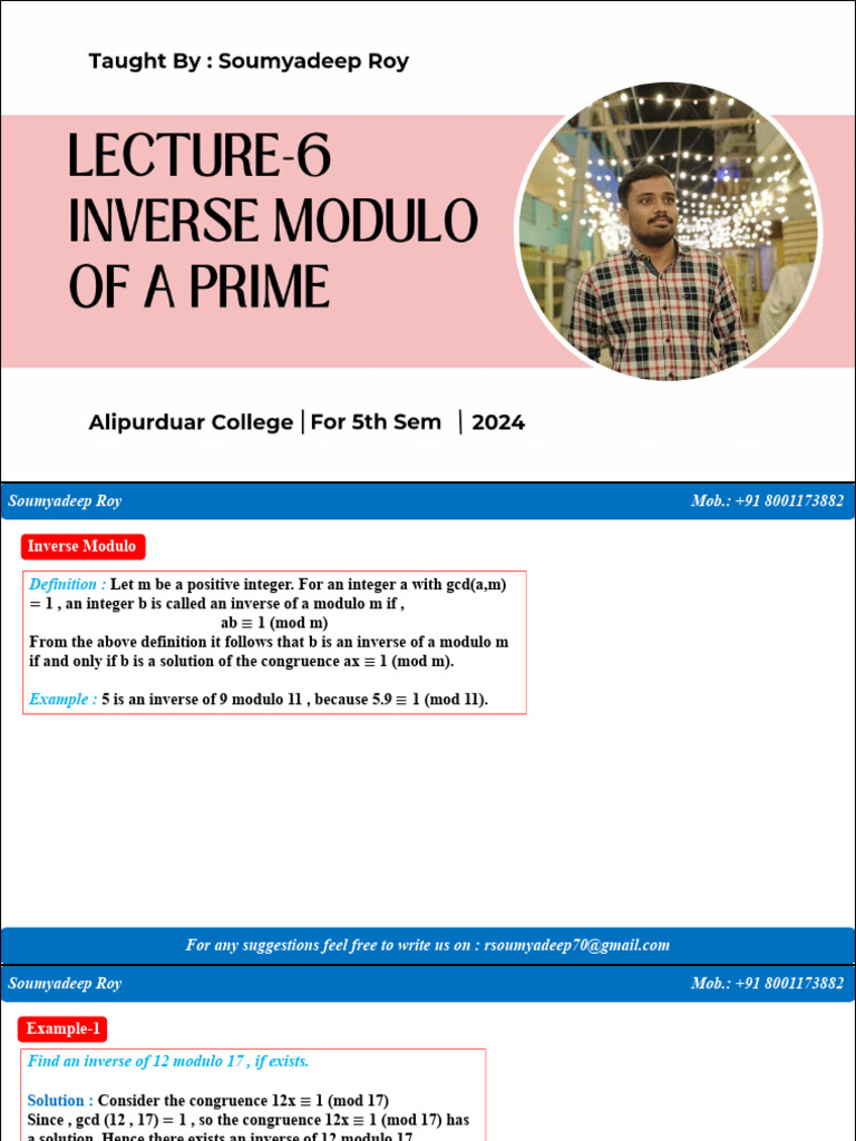 Lecture-6 Inverse Modulo of A Prime | PDF | Mathematics | Arithmetic