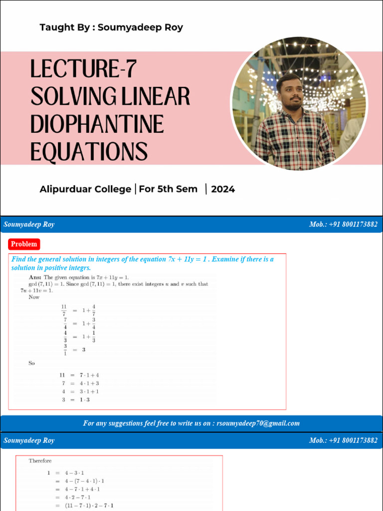 Lecture-7 Solving Linear Diophantine Equations | PDF | Equations | Mathematics