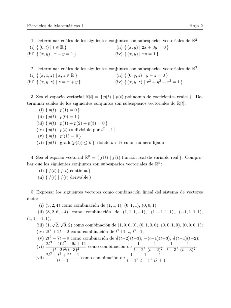 Hoja Dos Mates | PDF | Espacio vectorial | Base (álgebra lineal)