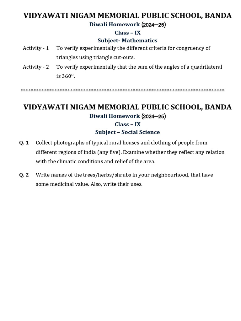 CLASS-IX-DIWALI HOLIDAY HOMEWORK-2024-25 | PDF