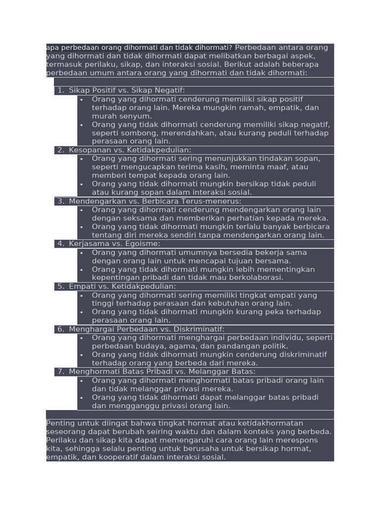 Apa Perbedaan Orang Dihormati Dan Tidak Dihormati | PDF
