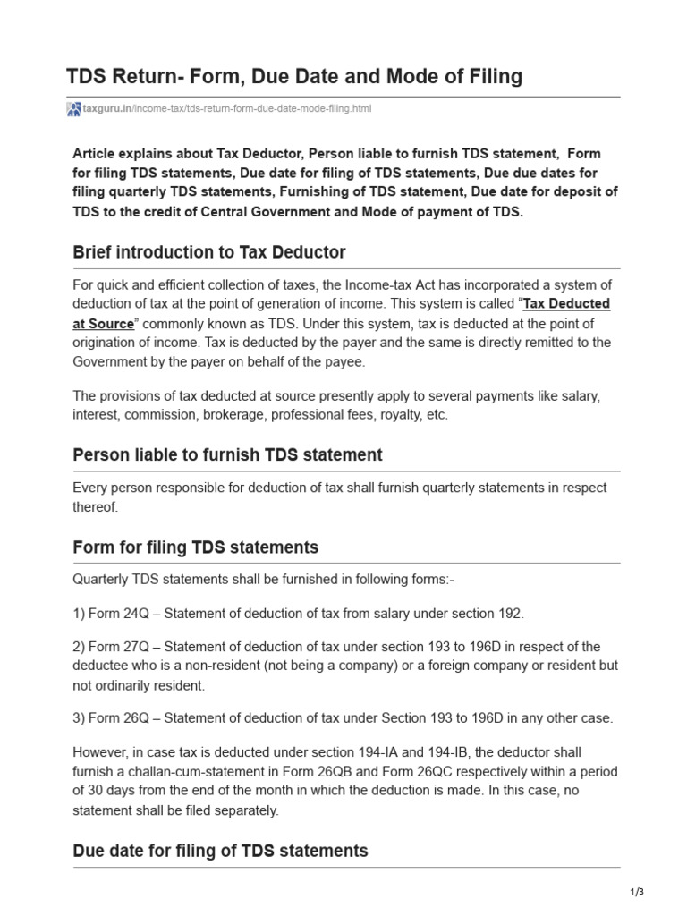 TDS Return - Form Due Date and Mode of Filing | PDF | Public Finance | Personal Finance