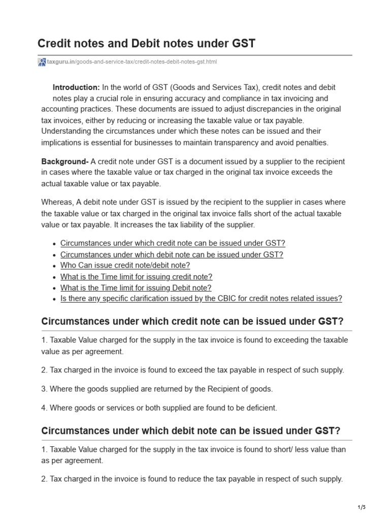 Credit Notes and Debit Notes Under GST | PDF | Value Added Tax | Taxes