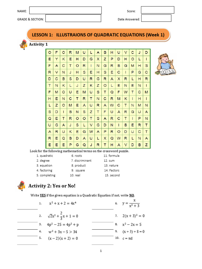 Quadratic Equations Activities Guide | PDF | Quadratic Equation | Equations