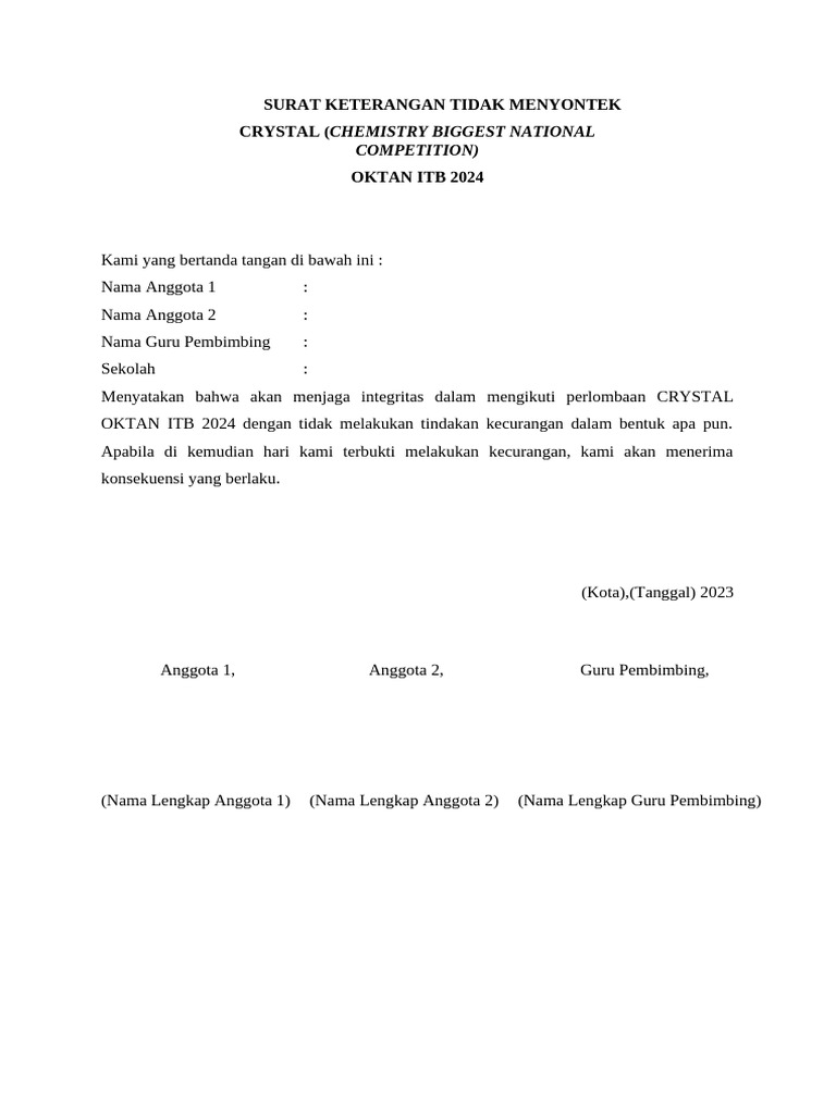 Surat Keterangan Tidak Menyontek CRYSTAL OKTAN ITB 2024 | PDF