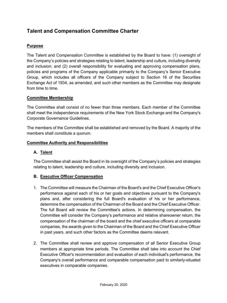Talent and Compensation Committee Charter, February 20, 2020 | PDF ...
