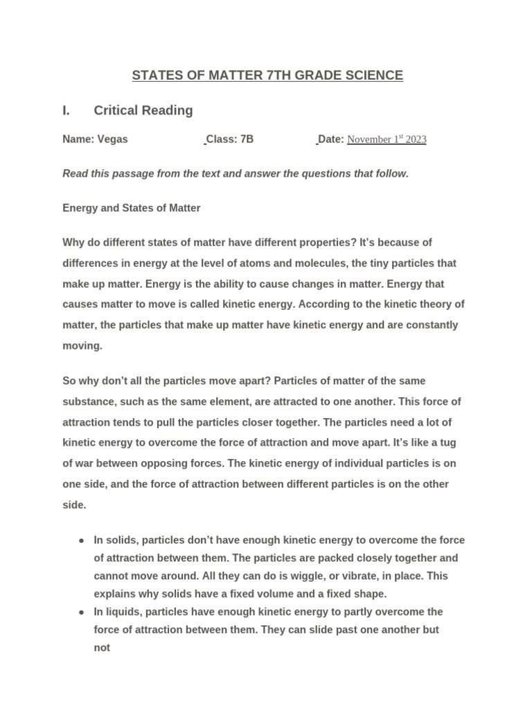 7th-Grade-Science-State of Matter | PDF | Gases | Liquids