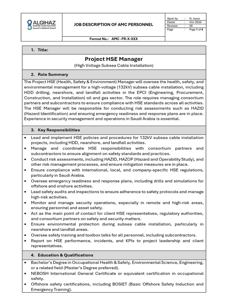 AMC-JD-Project HSE Manager (High Voltage Subsea Cable Installation ...