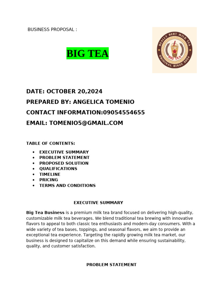 Big Tea Business Proposal Overview | PDF | Tea | Business