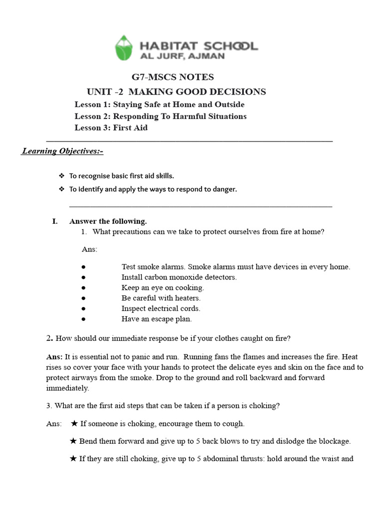 _G7-MSCS-Notes-UNIT-2 - MAKING GOOD DECISIONS | PDF | First Aid | Safety