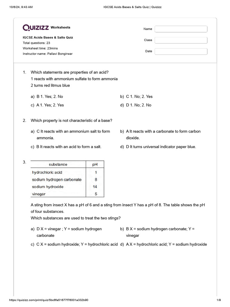 IGCSE Acids, Bases & Salts Quiz | PDF | Acid | Sodium Carbonate