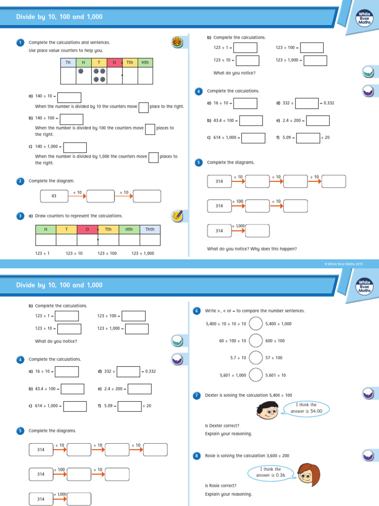 Divide Numbers by 10, 100, 1,000 | PDF