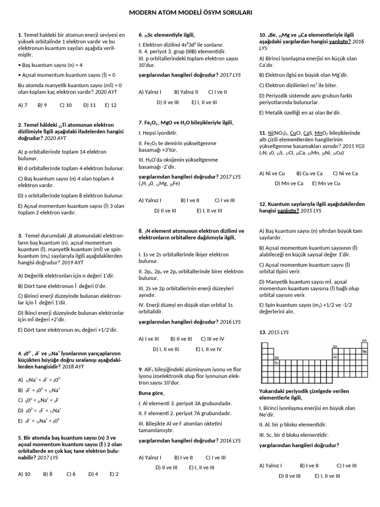 Modern Atom Modeli ÖSYM-1 | PDF