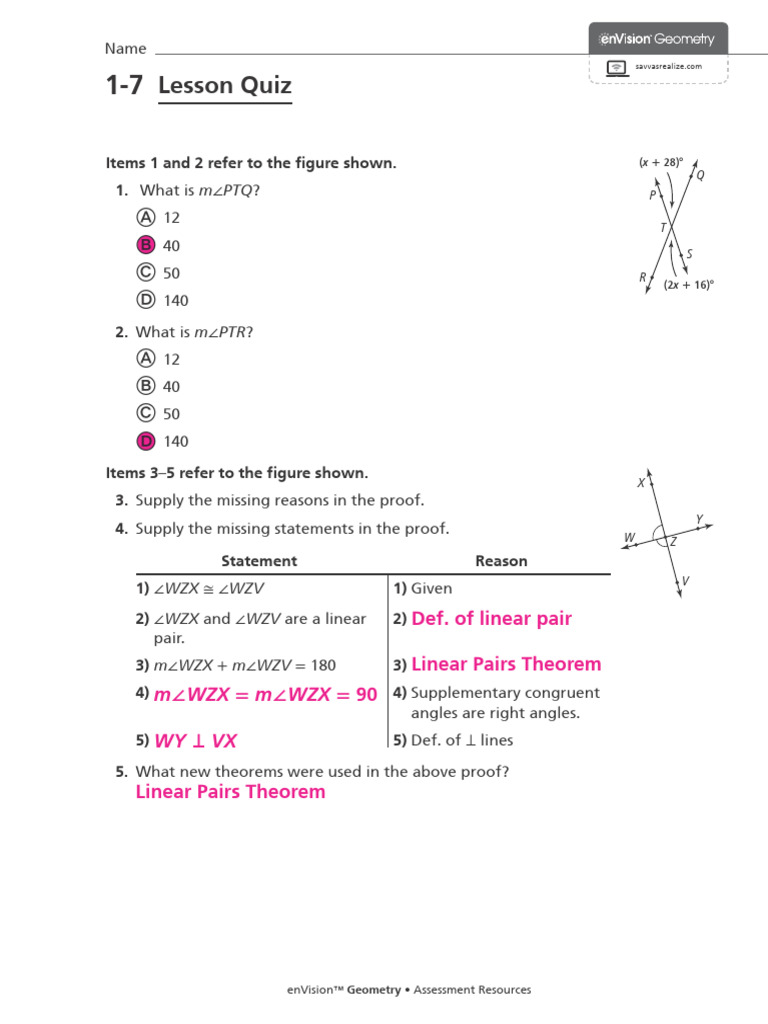 1-7 - Lesson Quiz - Answer Key | PDF
