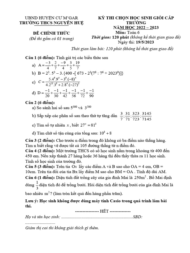 (Co LG) Toan 6 - HSG (22-23) - Dak Lak - Phong GDDT Nguyen Hue | PDF