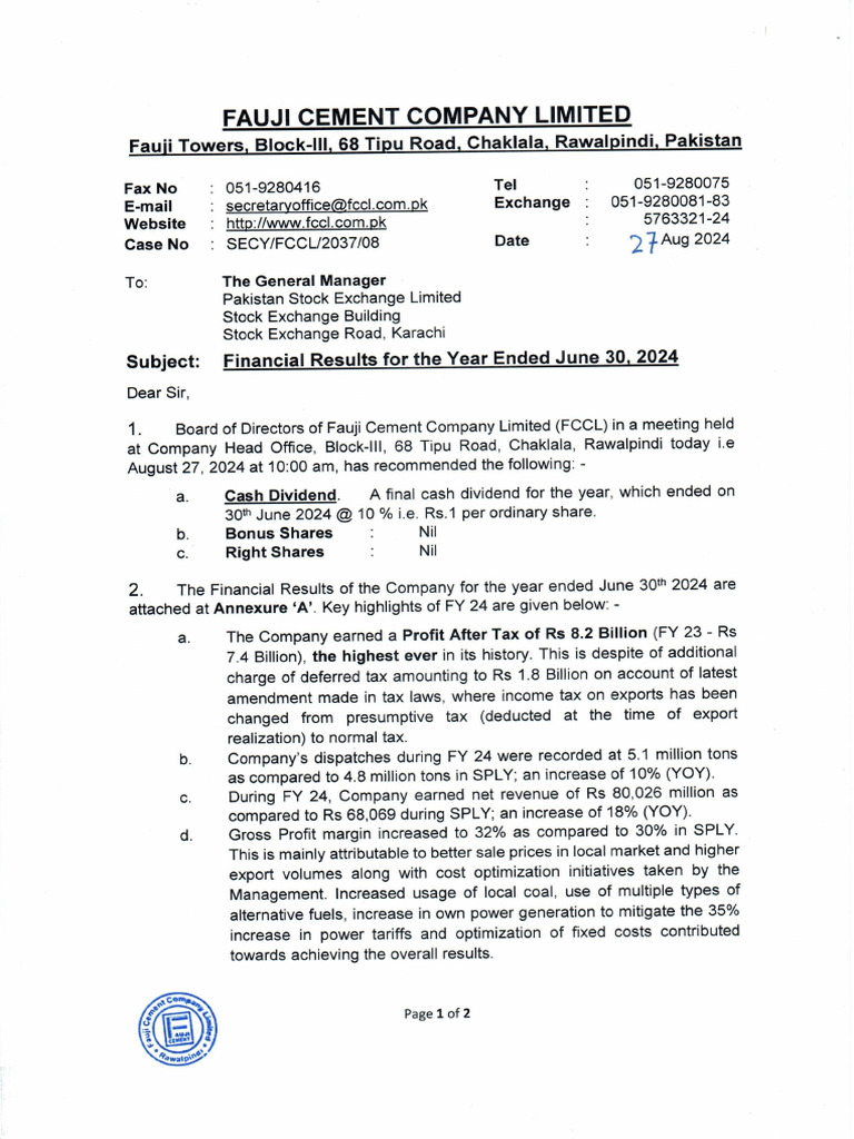 FCCL Financial Results For The Year Ended June 30, 2024 | PDF