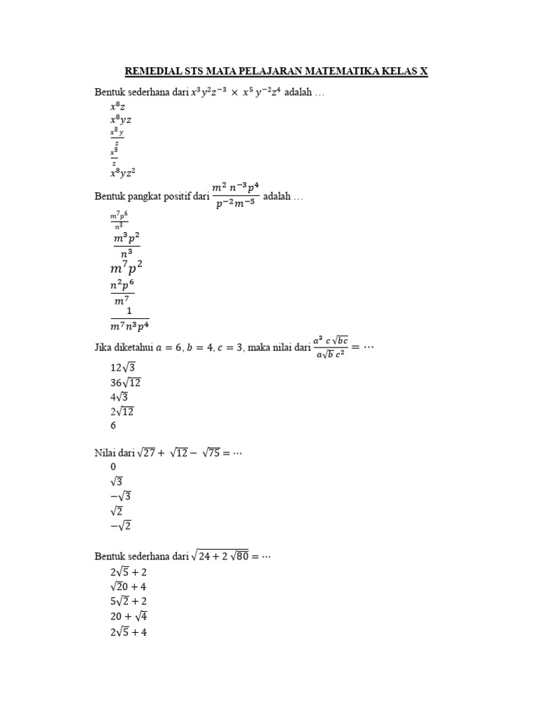 Remedial STS - Matematika Wajib - X | PDF | Metode & Bahan Ajar