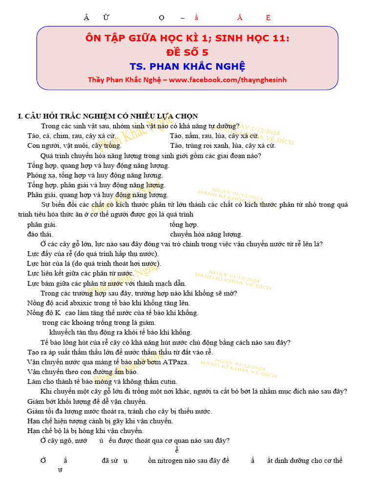 ÔNT PGI AH C Kì 1 Sinh H C 11: S 5: Ts. Phan KH C NGH | PDF