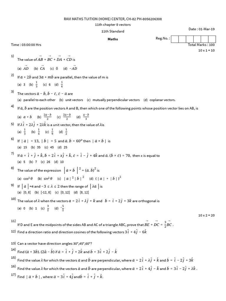 11th Maths Chapter 8: Vectors Question Paper | PDF | Mathematics ...